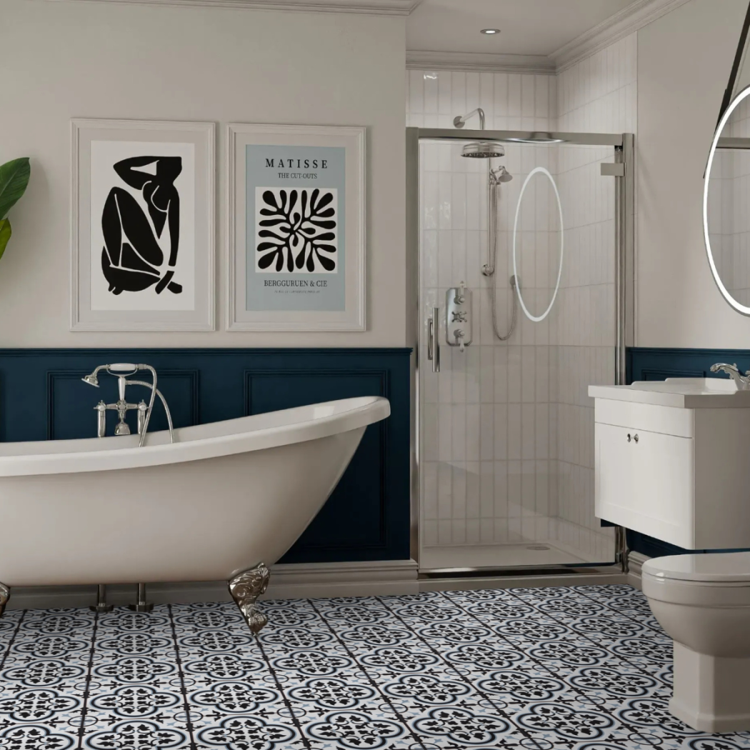 YöL Azure Mediterranean Dark Navy Light Blue Damask Design Floor Tiles ...