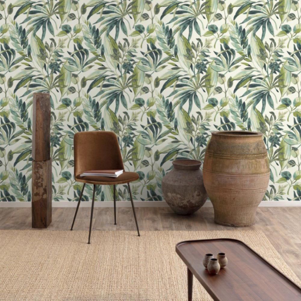 Grandeco Arcadia Tropical Palm Wallpaper Green White | Wallpaper Shop