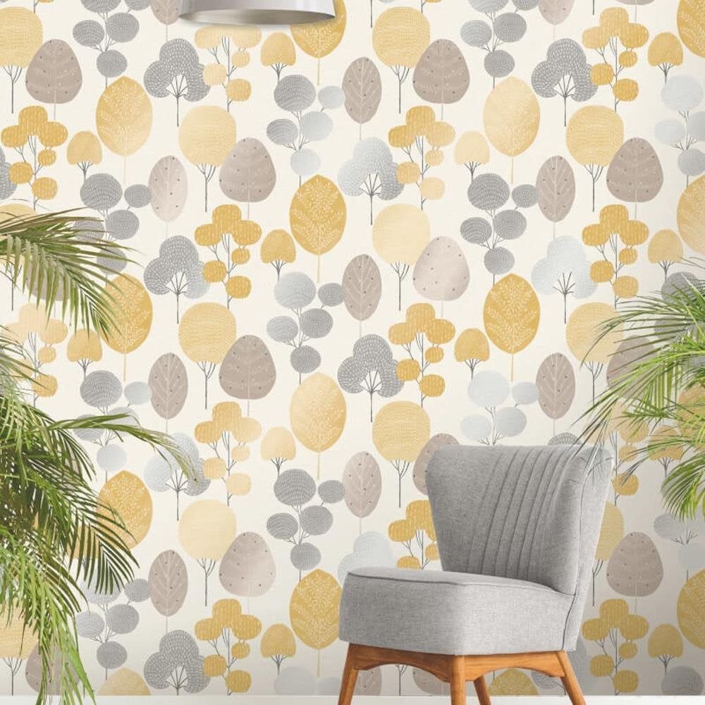 Scandi Forest Wallpaper Blue Pink Mustard Yellow Indian Block Print