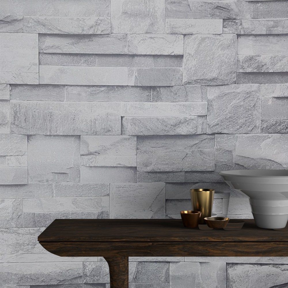 3D Stone Wall Effect Wallpaper Grey Beige Debona Slated Walling Realistic