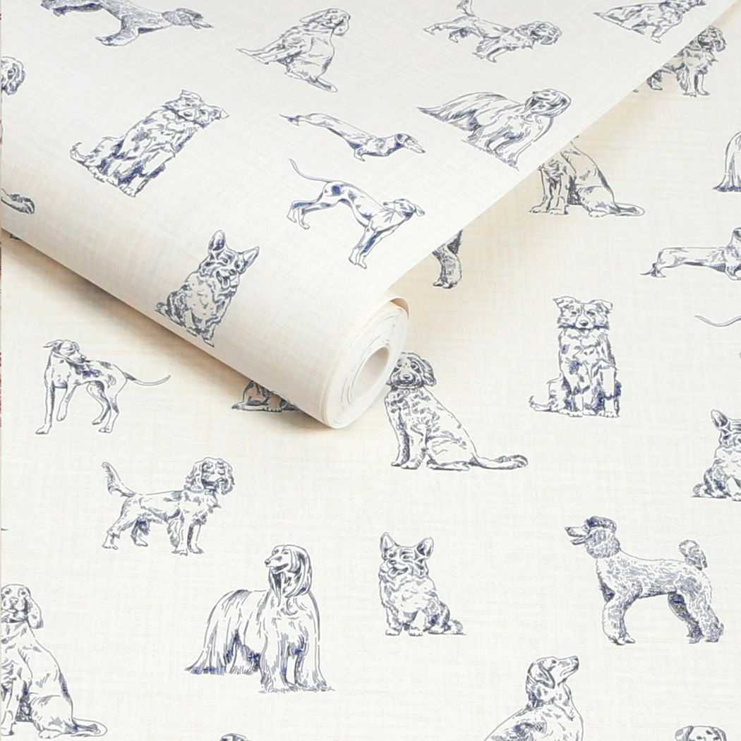 Joules Sketched Dogs Cream & Blue Wallpaper | Wallpaper Shop