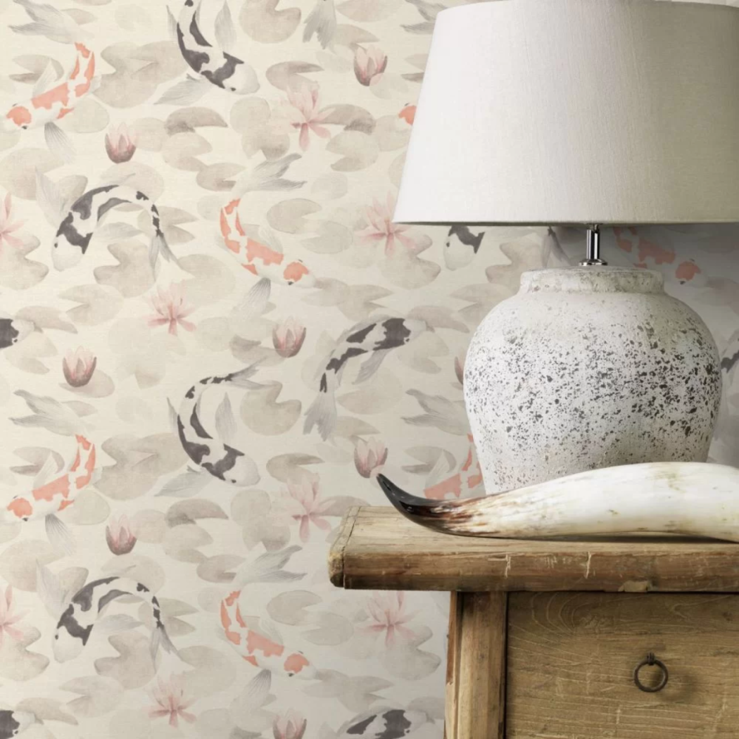 Rasch Kimono Koi Fish Wallpaper Natural Multicoloured | Wallpaper Shop