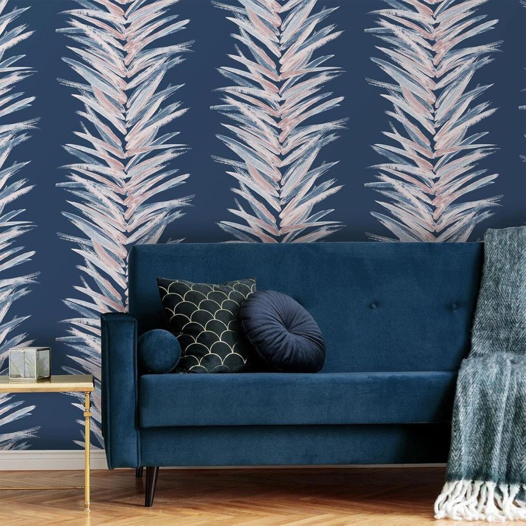 Muriva Dhara Large Leaf Navy Metallic Wallpaper | Wallpaper Shop