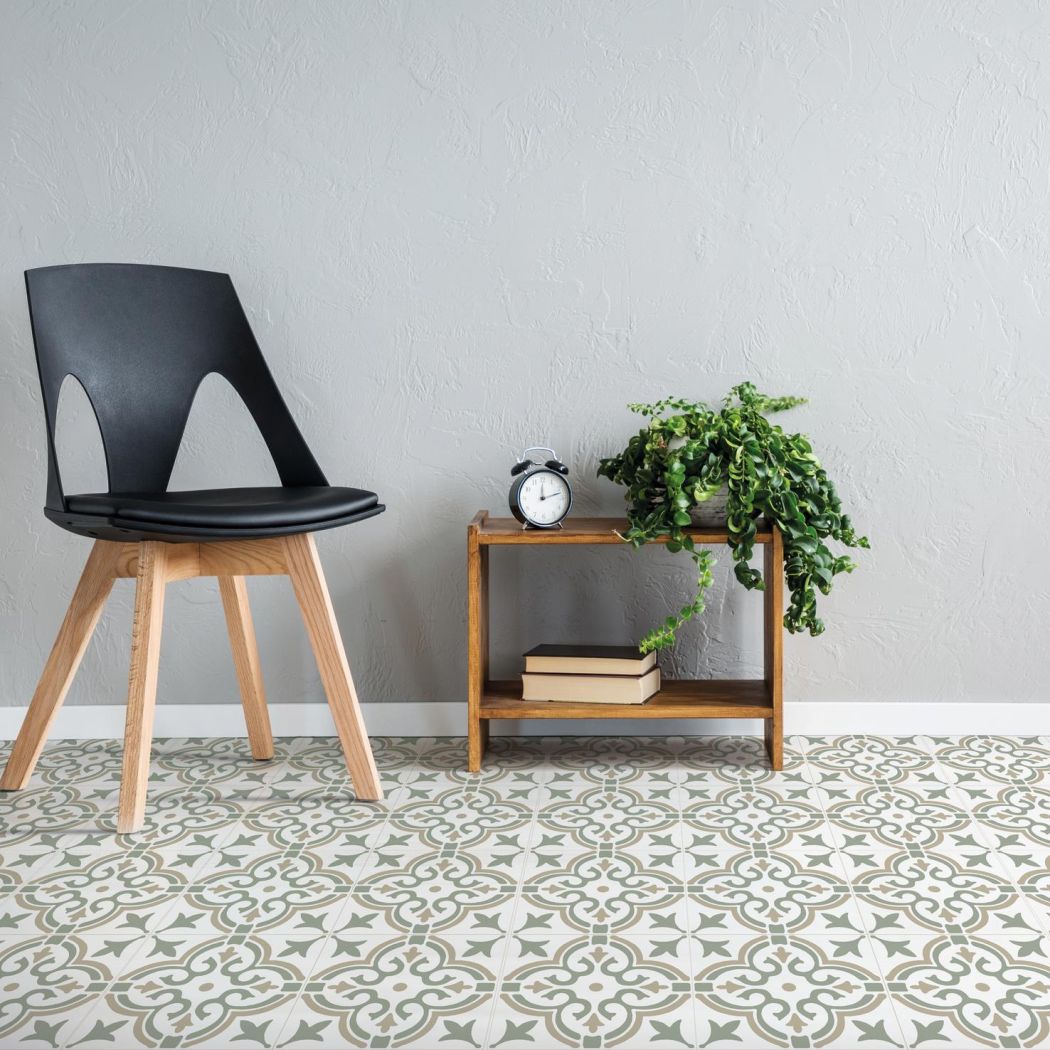 D-C-Fix Stencil Motif Sage Green Floor Tiles | Wallpaper Shop