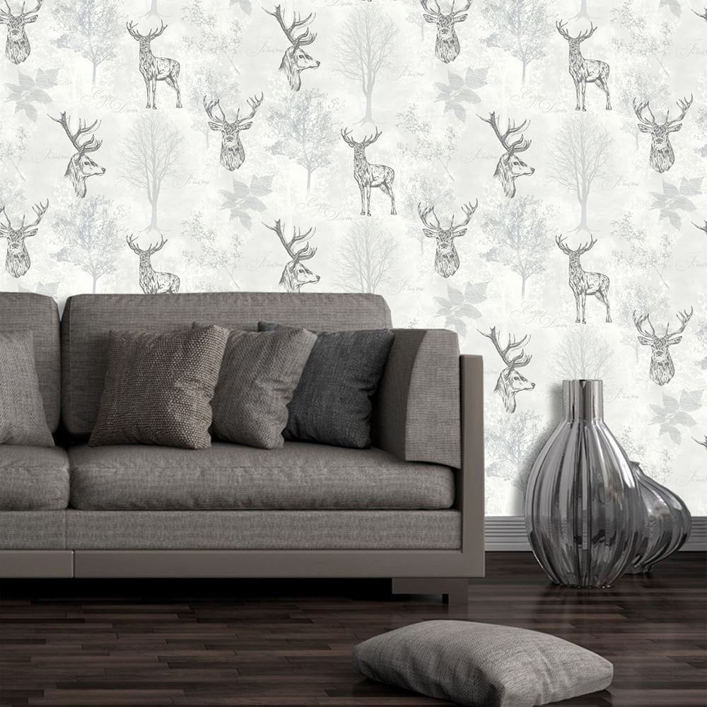Etched Stag Deer Head Nature wallpaper Grey Arthouse Trees Clouds