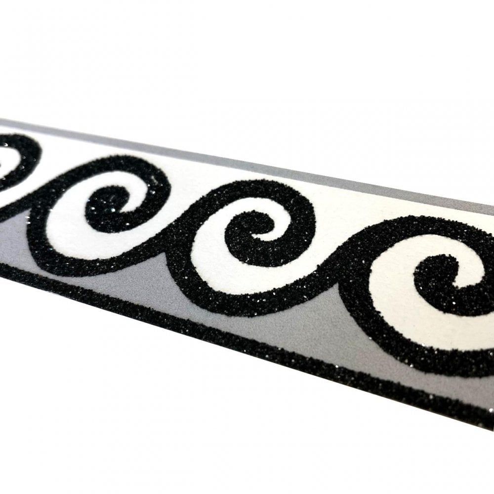 Wavy Swirl Glittered Wallpaper Border Black Grey | Wallpaper Shop