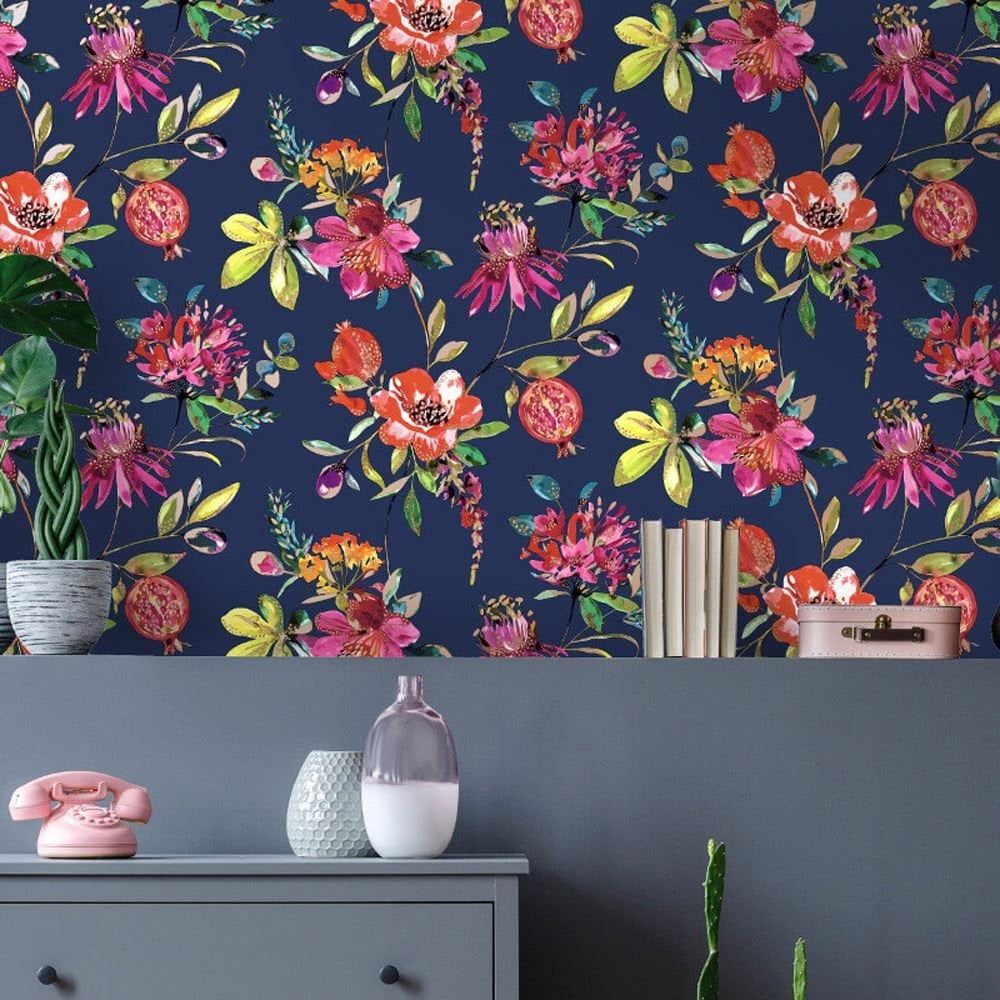 Love Melgrano Floral Flower Chintz Wallpaper Navy Teal Holden Decor
