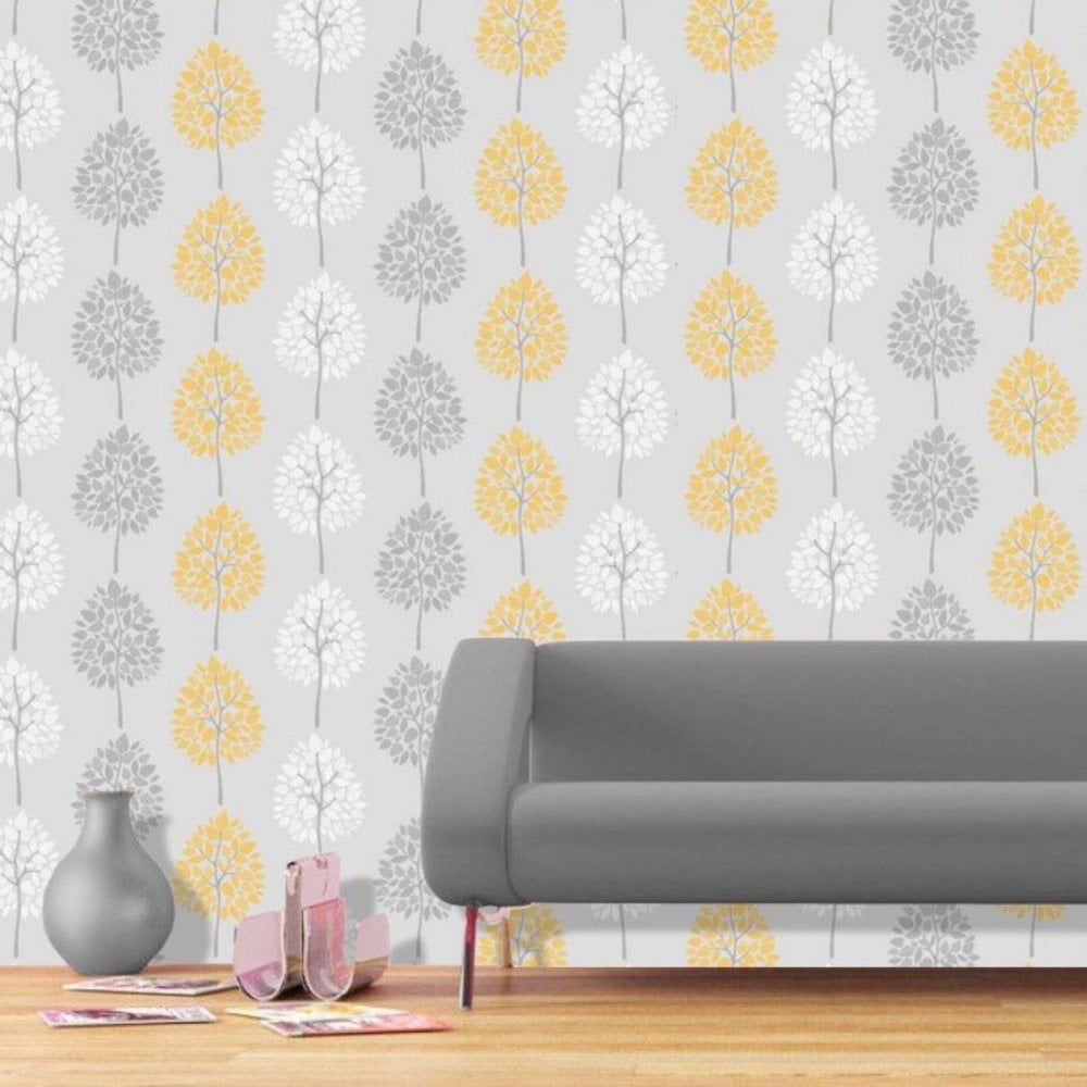 Riva Tree Leaves Wallpaper Blue Yellow Metallic Shiny Leaf Bold Retro