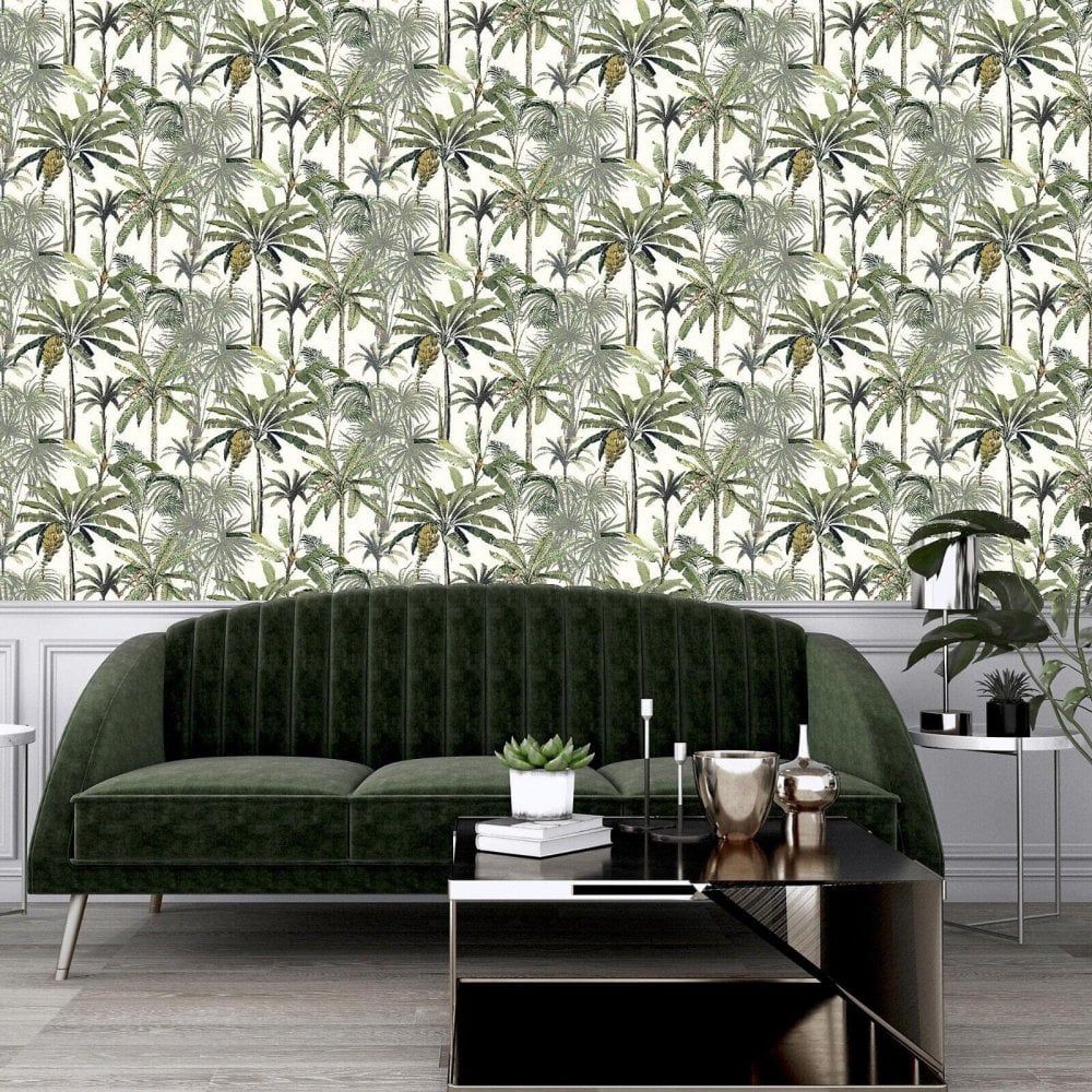 Tropical Banana Leaves Wallpaper Green Cream | Wallpaper Shop