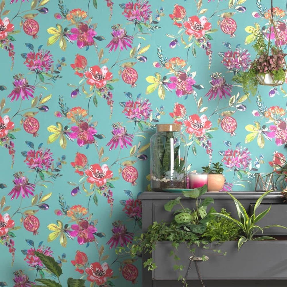 Love Melgrano Floral Flower Chintz Wallpaper Navy Teal Holden Decor