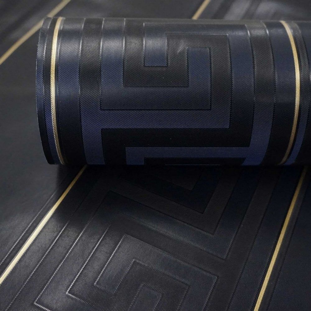 Greek Key Luxury Satin Wallpaper Border Black Silver Gold White Medusa
