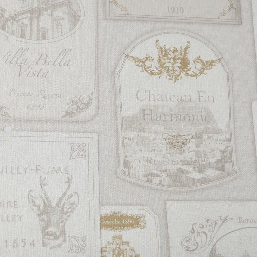Splendour Vintage Wine Labels Wallpaper Beige | Wallpaper Shop