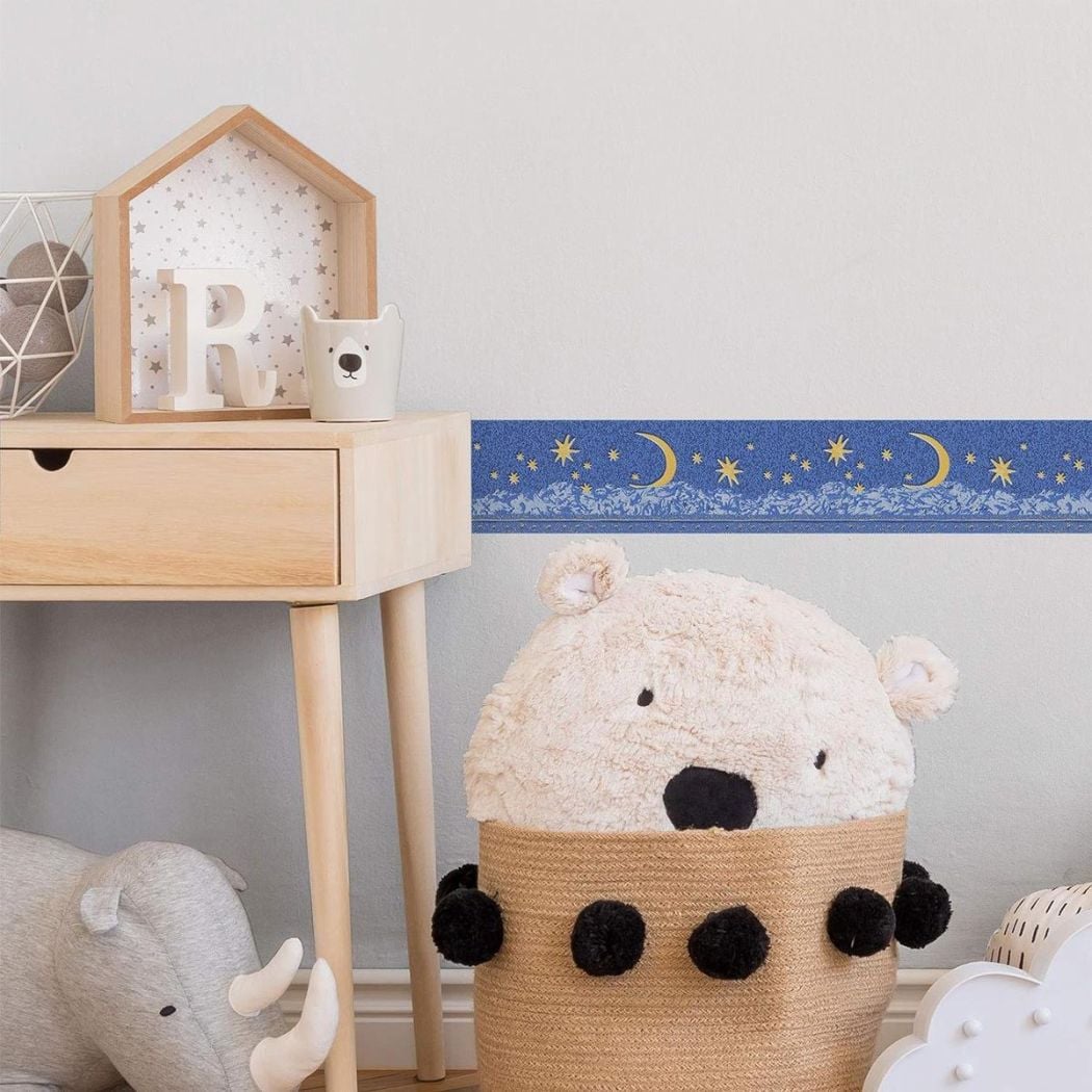 AS Creation Glow In The Dark Moon & Stars Wallpaper Border Blue Yellow ...