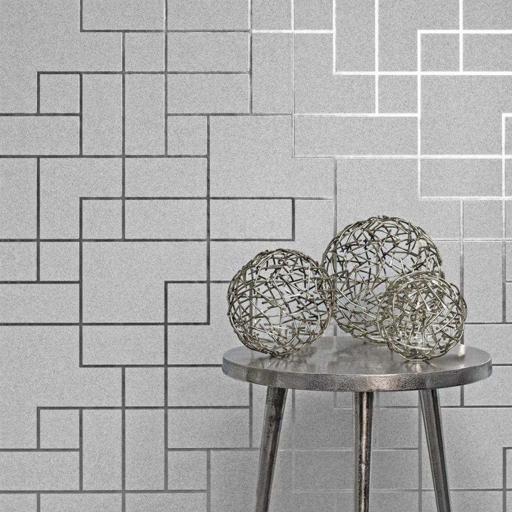 Platinum Square Geometric Wallpaper Silver Rose Gold Foiled Shiny Metallic