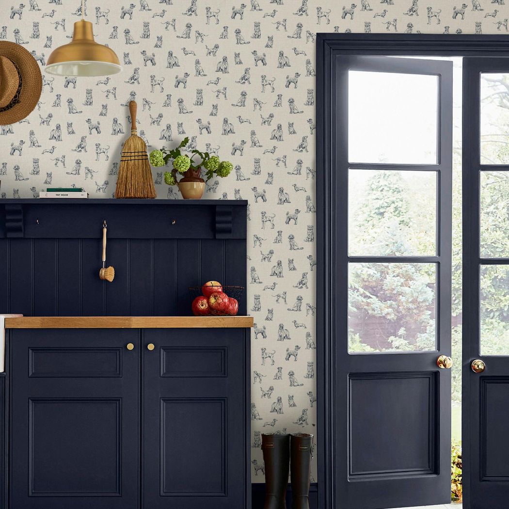 Joules Sketched Dogs Cream & Blue Wallpaper | Wallpaper Shop