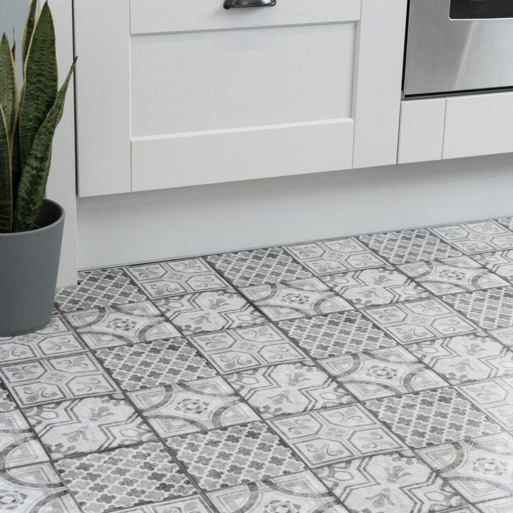 Victorian Encaustic Vinyl Floor Tiles Grey Self Adhesive Stick On