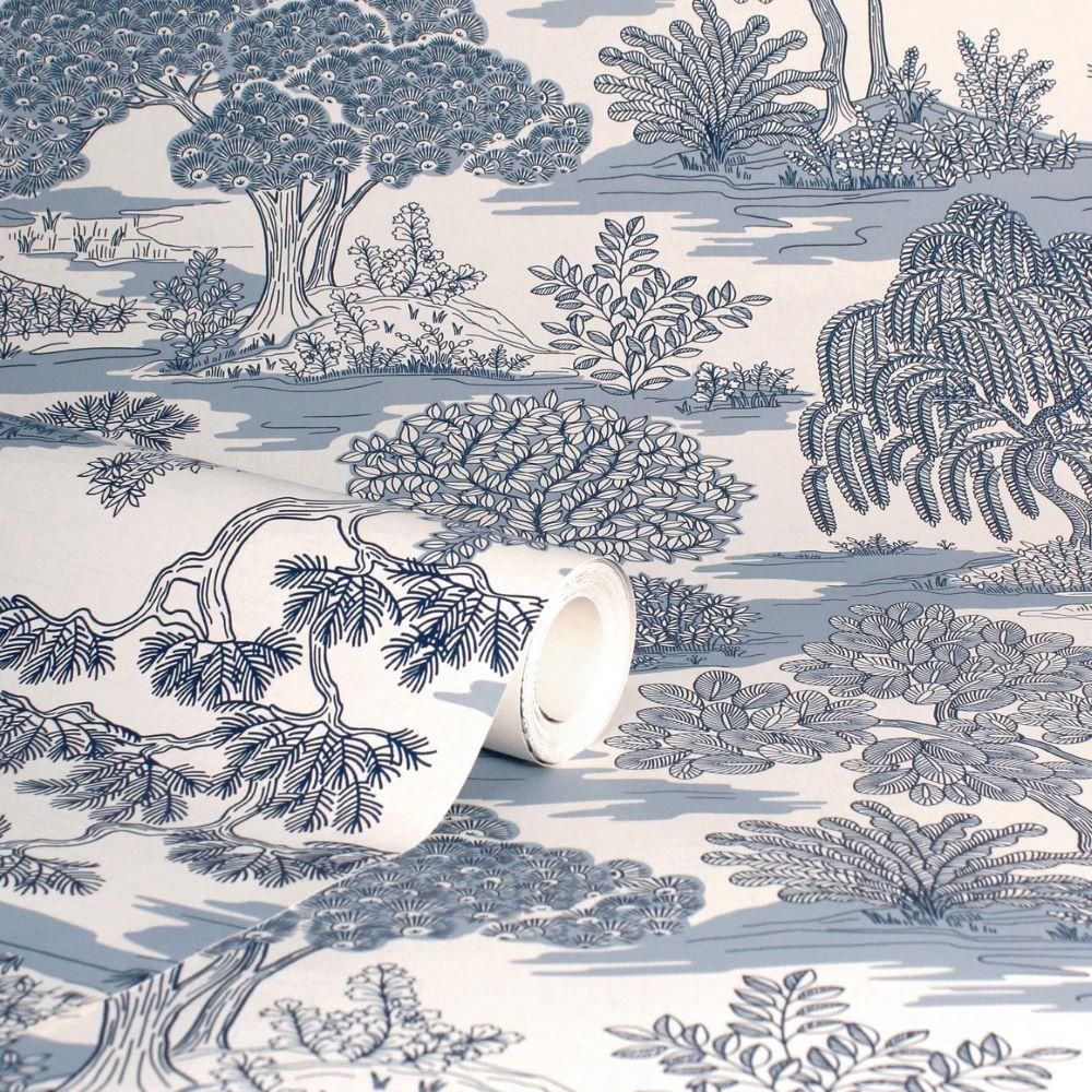 Fine Decor Zen Tree Toile De Jouy Wallpaper Blue | Wallpaper Shop