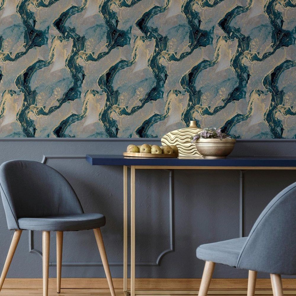 Abstract Marble Wallpaper Teal Gold | Wallpaper Shop