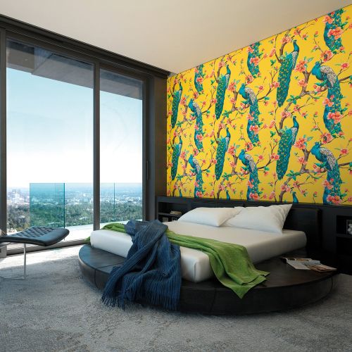 Origin Murals FLOWERY PEACOCKS YELLOW MURAL | Wallpaper Shop