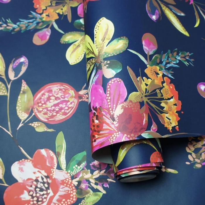 Love Melgrano Floral Flower Chintz Wallpaper Navy Teal Holden Decor