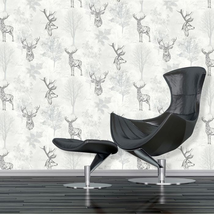 Etched Stag Deer Head Nature wallpaper Grey Arthouse Trees Clouds